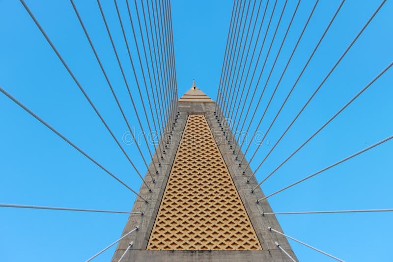 Concrete Bridge Pylon with Parallel Lines of Steel Cable. Stock Image ...
