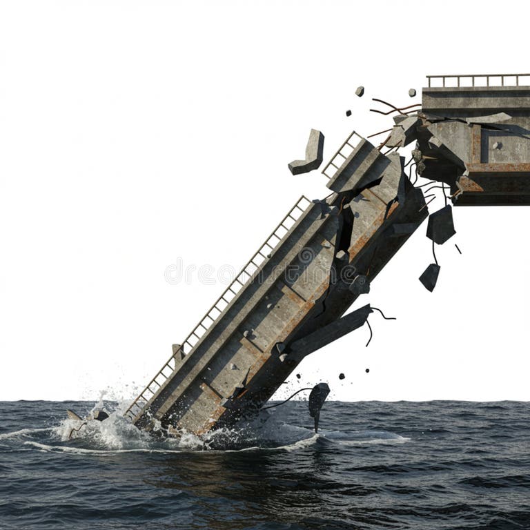 A Concrete Bridge Section is Collapsing into a Body of Water. the ...