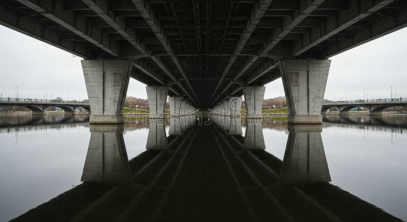 Concrete Bridge Structure Reflects Symmetrically in Calm River Water ...