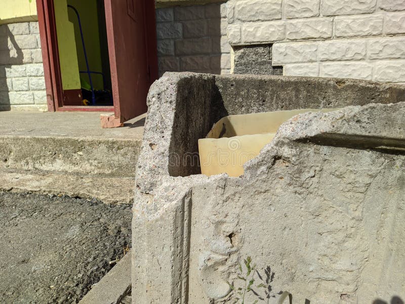 Concrete and Broken Trash Can on the Street Stock Photo - Image of ...