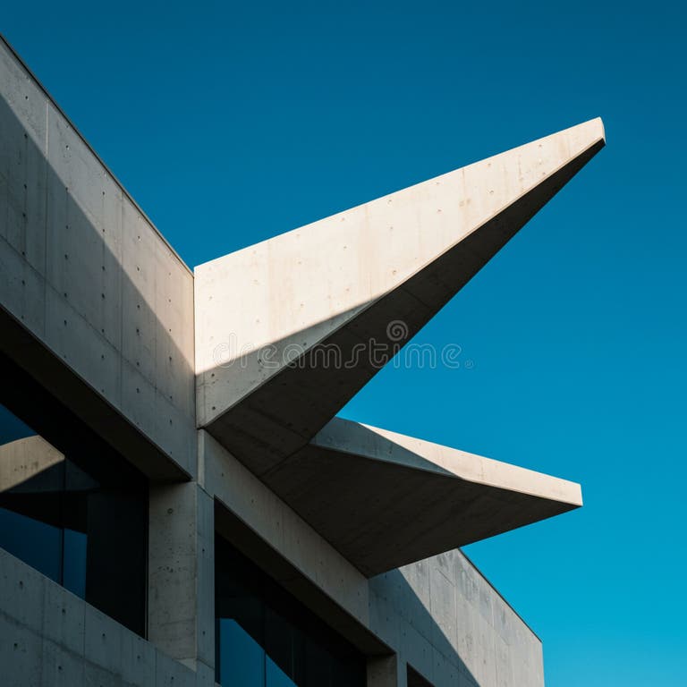 Concrete Building Facade with Angular, Protruding Eaves Against a Clear ...