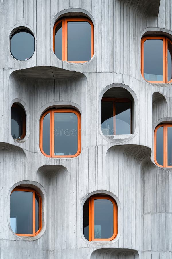 A Concrete Building with Orange Windows on the Side of it Stock Photo ...