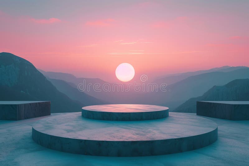 Concrete Circle Platform with Scenic Mountain Sunset Stock Illustration ...