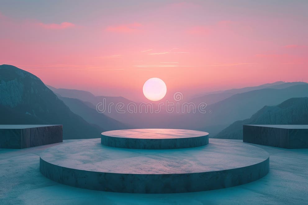 Concrete Circle Platform with Scenic Mountain Sunset Stock Illustration ...