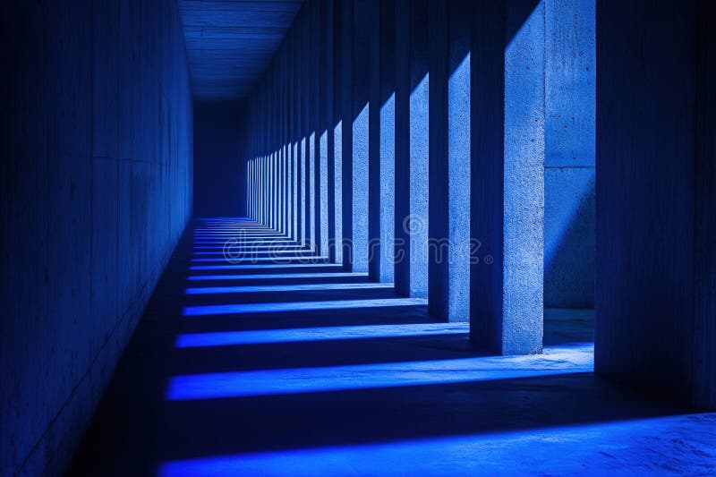 Concrete Corridor with Blue Shadows and Geometric Symmetry Stock Image ...