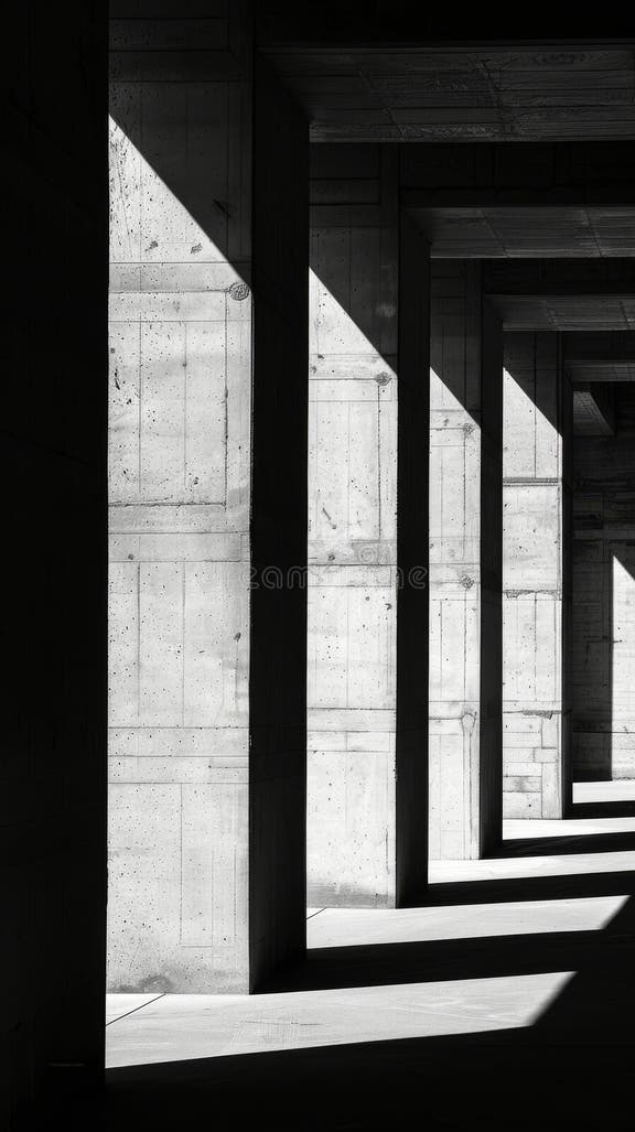 Concrete Corridor with Dramatic Shadows in Black and White Stock Image ...