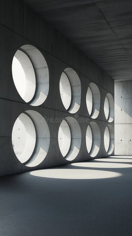 Concrete Corridor with Oversized Circular Openings Casting Bold Shadows ...