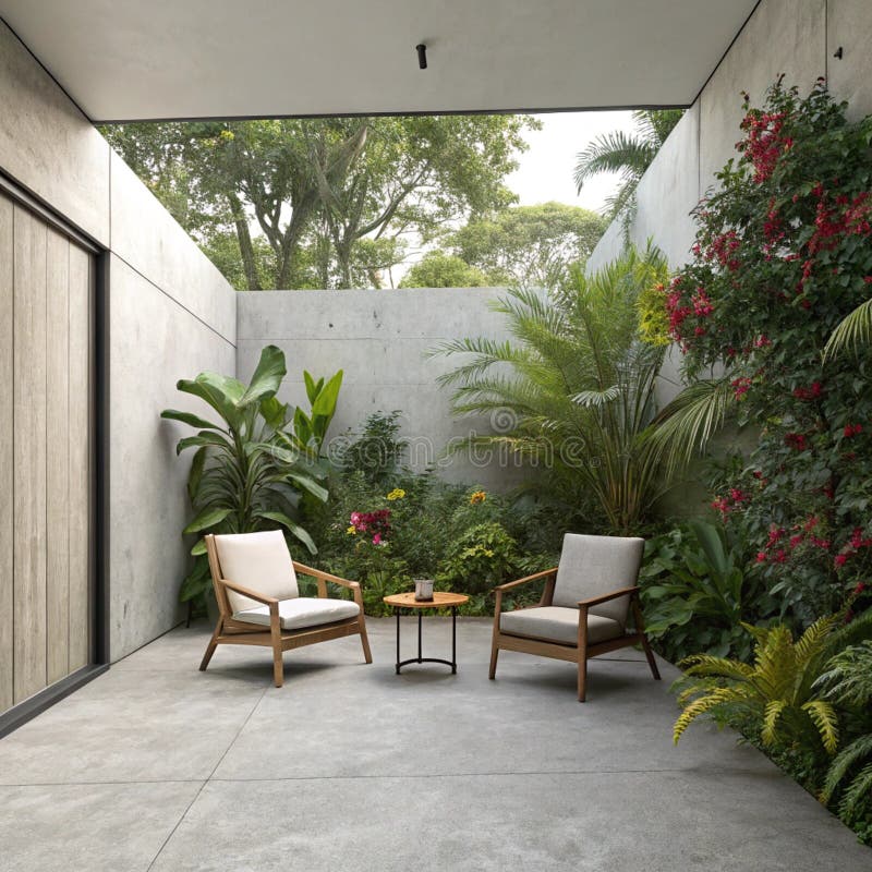 Concrete Courtyard with Comfortable Seating and Lush Greenery Stock ...