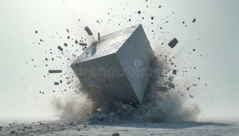Concrete Cube Breaks Apart. Stone Fragments Explode into Dust, Showing ...