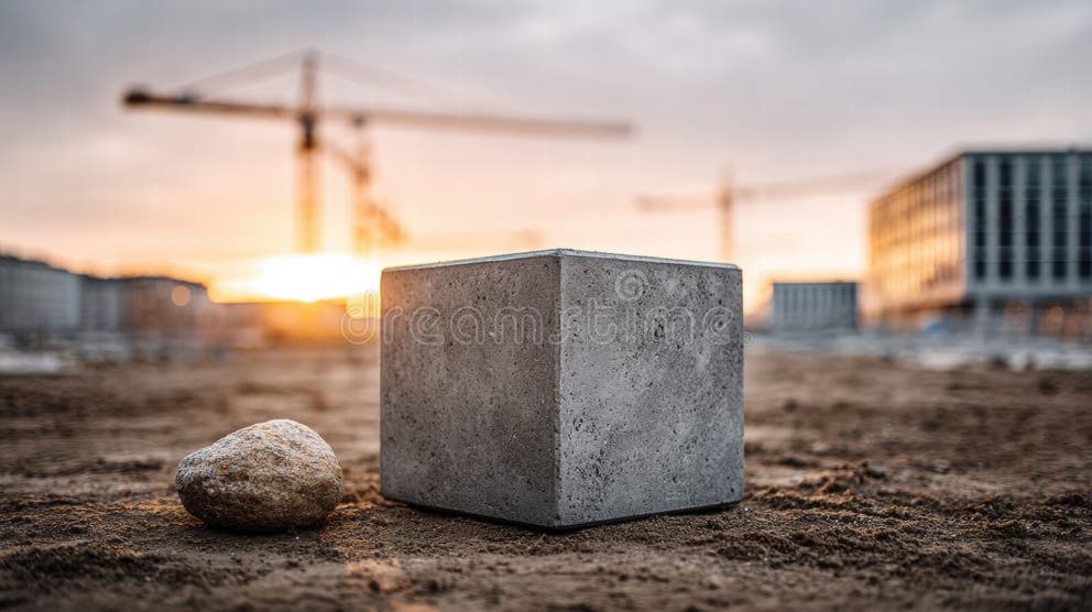 Concrete Cube on a Construction Site at Sunset Stock Image - Image of ...
