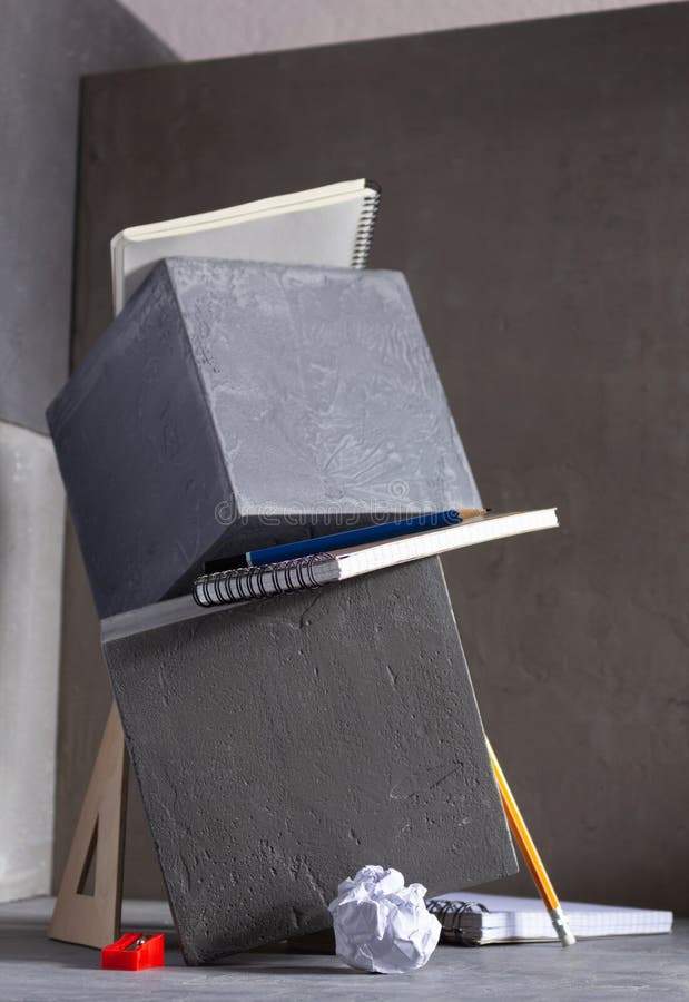 Concrete Cube Near Wall Background Texture. Art or Construction Concept ...