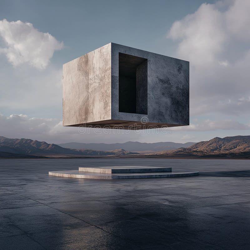 Floating Concrete Cube with Void on Platform in a Minimalist Landscape ...