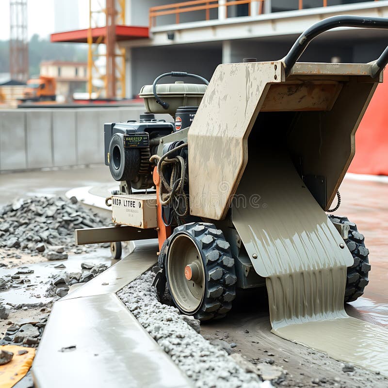 A Concrete Curb Machine Moving Slowly with Wet Concrete Pouring Out at ...