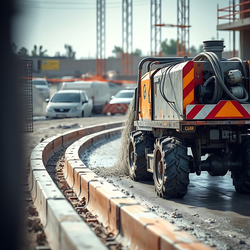A Concrete Curb Machine Moving Slowly with Wet Concrete Pouring Out at ...