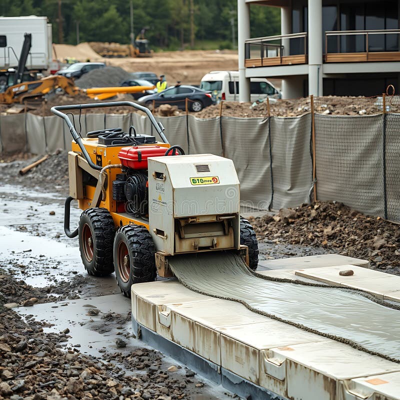 A Concrete Curb Machine Moving Slowly with Wet Concrete Pouring Out at ...