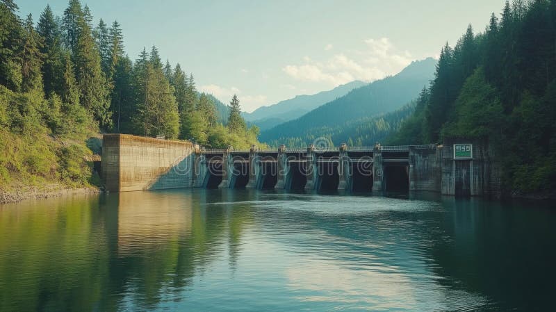 Concrete Dam Structure with Lush Green Forest and Calm Water Stock ...