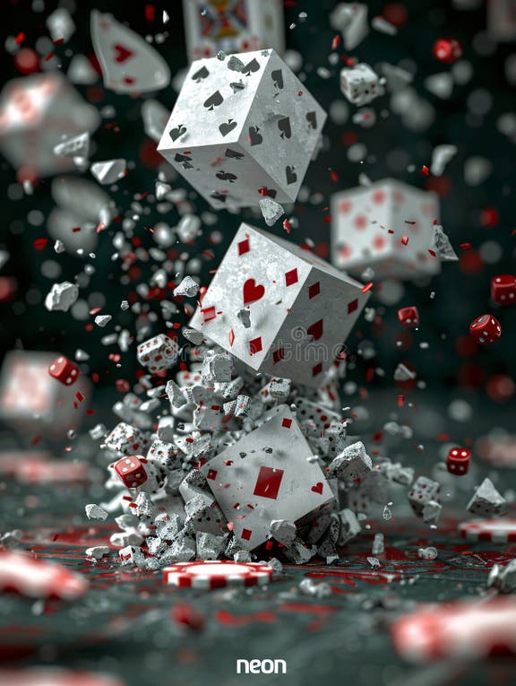 Concrete Dice Exploding with Playing Cards Around Stock Illustration ...