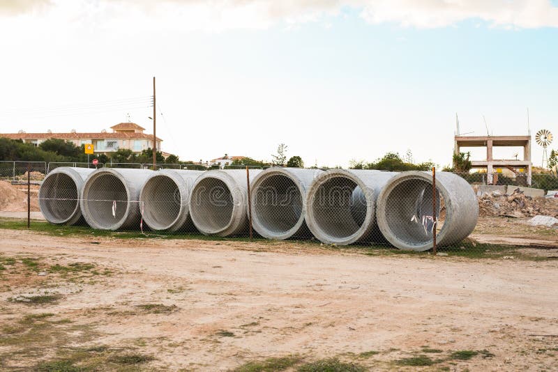 Concrete Drainage Pipes for Industrial Building Construction. Stock ...