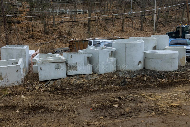 Concrete Drainage Pipes Stacked on for Building Construction Site Stock ...