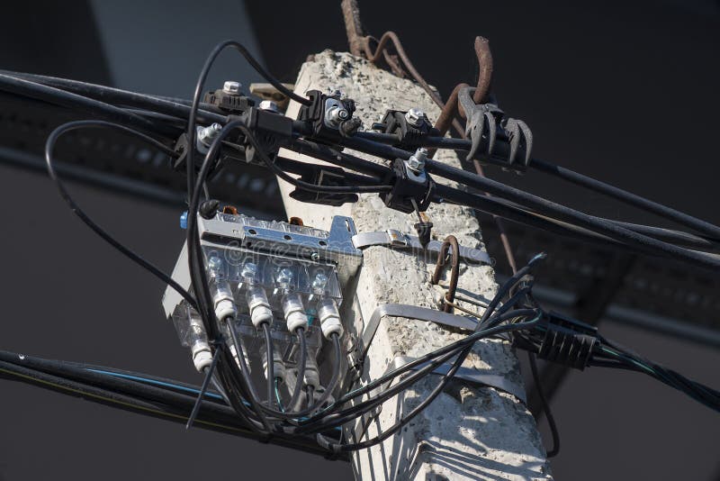 Concrete Electrical Pole with Panel Board Wires. Stock Image - Image of ...