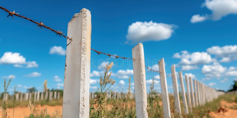 Concrete Fence with Barbed Wire Under Blue Sky and Fluffy Clouds Stock ...