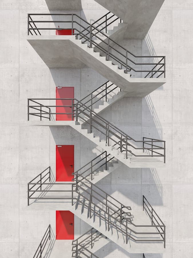 Concrete Fire Escape with Red Metal Door Outside of Building. 3D Stock ...