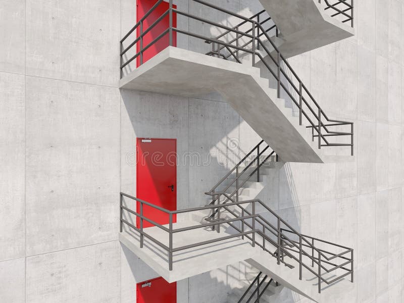 Concrete Fire Escape with Red Metal Door Outside of Building. 3D Stock ...