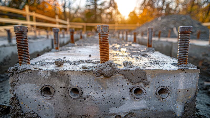 Concrete Foundation with Bolts at a Construction Site at Sunset. Stock ...