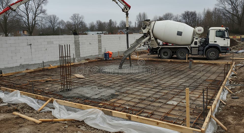 Concrete Foundation Pour: Construction Site, Rebar, Cement Mixer ...