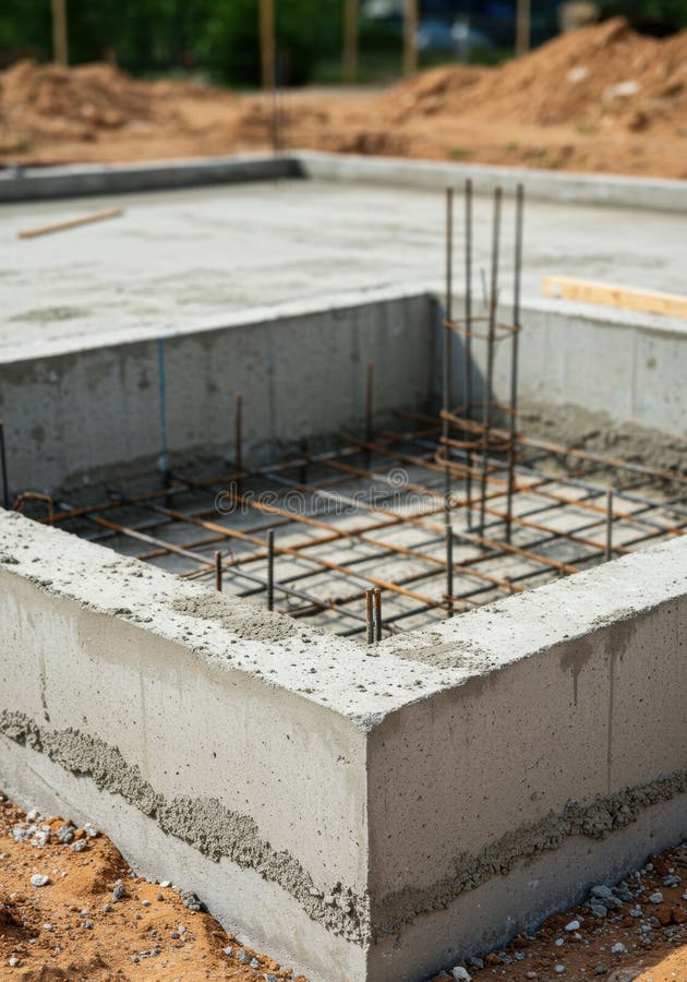 Concrete Foundation with Rebar Grid during House Construction Stock ...