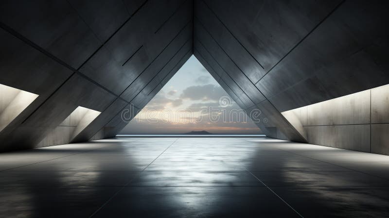 Concrete Futuristic Interior with a Triangular Window and Ambient ...