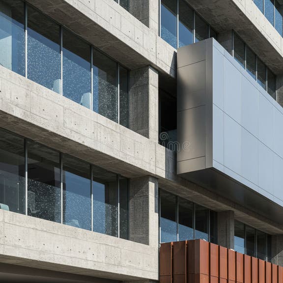 Concrete and Glass Modern Building Facade with Large Windows Aligned ...
