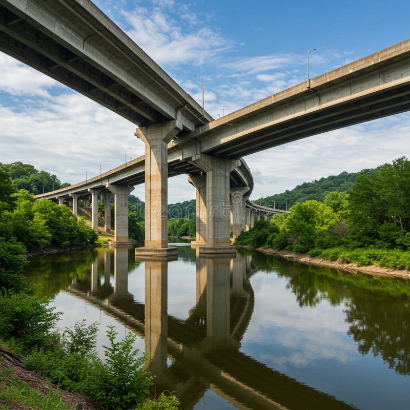 Concrete Highway Bridges Span a River, Supported by Tall, Robust Pillars. Their Reflection Stock ...