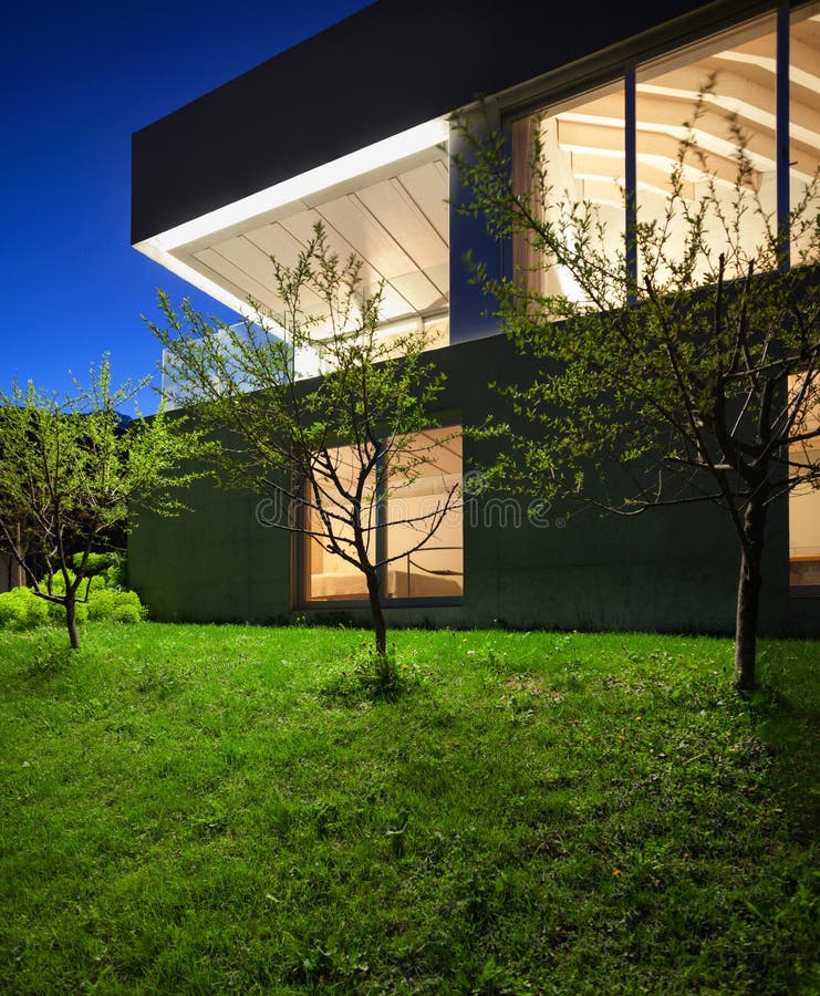 Concrete House, Night Scene Stock Photo - Image of balcony, outside ...