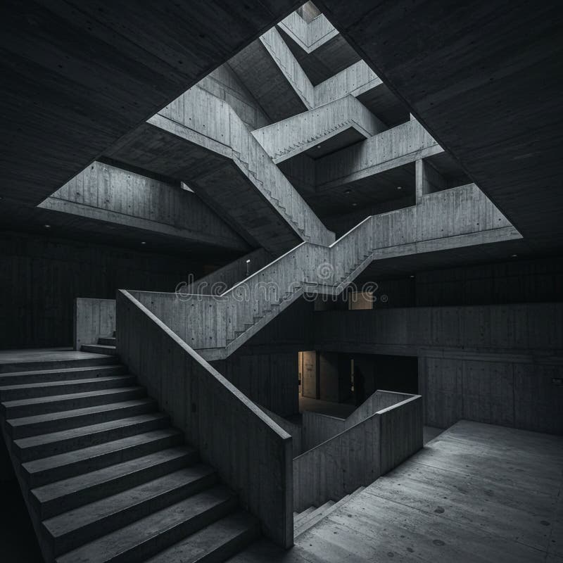 Concrete Interior Featuring a Maze-like Network of Staircases Forming ...