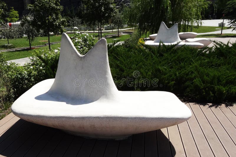 Concrete Light Park Bench in the Park on a Beautiful Summer Day Stock ...