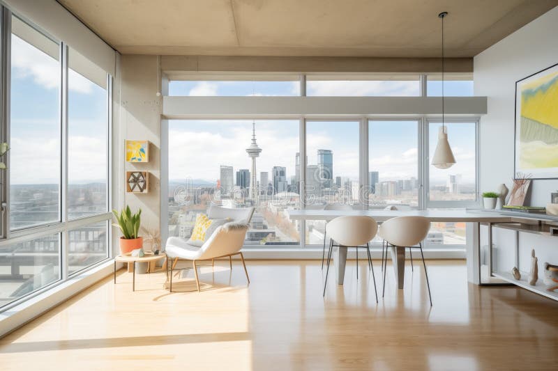 Concrete Loft with Large Glass Windows and City View Stock Photo ...