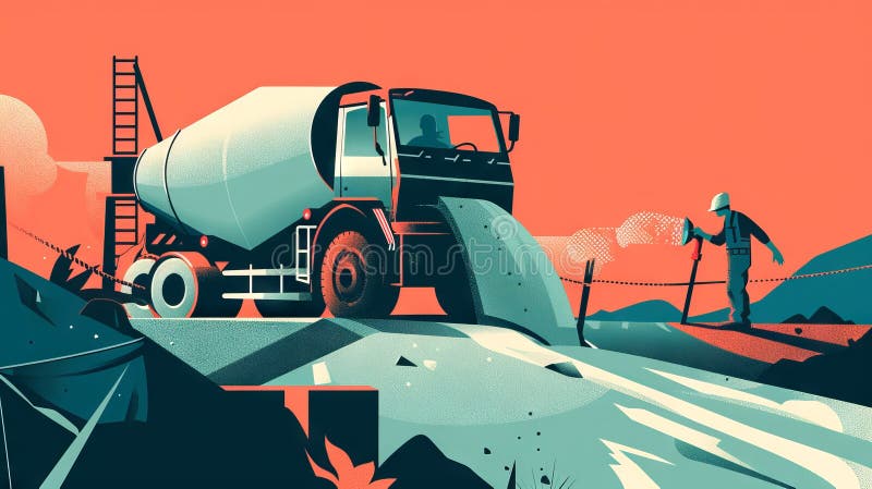 Concrete Mixer Art with Worker Pouring Cement on Construction Site ...