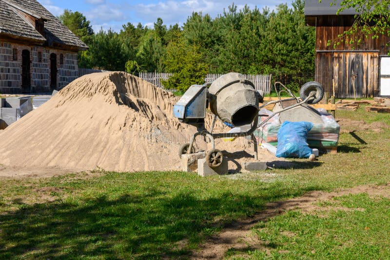 Construction Site Cement Mixer Machine, Tools and Sand Stock Image ...