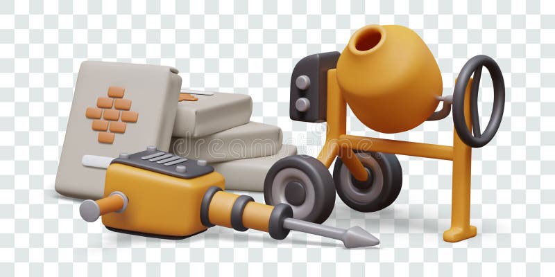Concrete Mixer, Jackhammer, Stack of Bags with Cement, Plaster, Dry ...