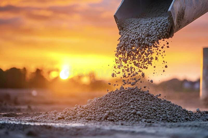 Concrete Mixer Truck Pouring Cement at Sunset on Construction Site ...
