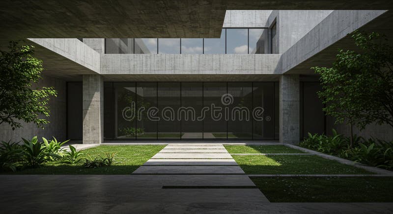 Concrete Modern Architecture Features a Square Courtyard with Large ...