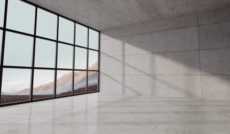 Concrete Modern Interior Space. Blank Walls and Large Windows with ...