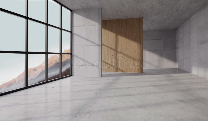 Concrete Modern Interior Space. Blank Walls and Large Windows with ...