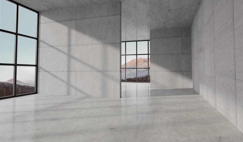 Concrete Modern Interior Space. Blank Walls and Large Windows with ...