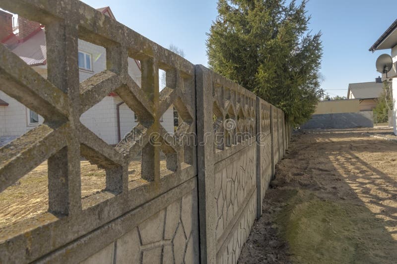 Concrete Old Panel Fence on a Sunny March Day. Stock Image - Image of ...