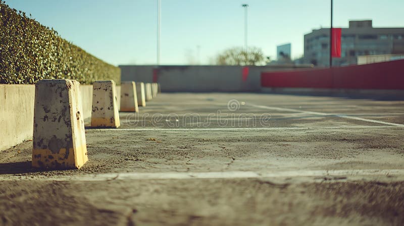 Concrete Parking Blocks Row on Distressed Asphalt Surface with Greenery ...