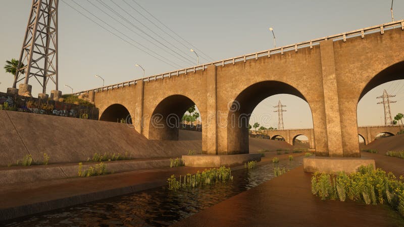 Concrete Pathway Alongside an Urban Canal Going Under an Arched Bridge ...