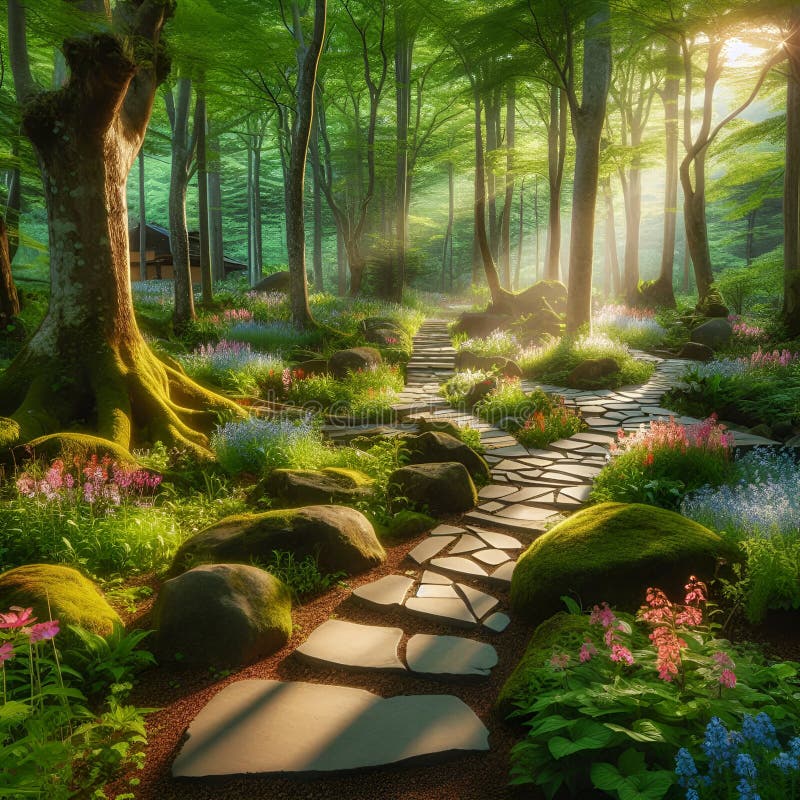 Concrete Pathway Amidst a Dense Forest of Trees, Generative AI. Stock ...