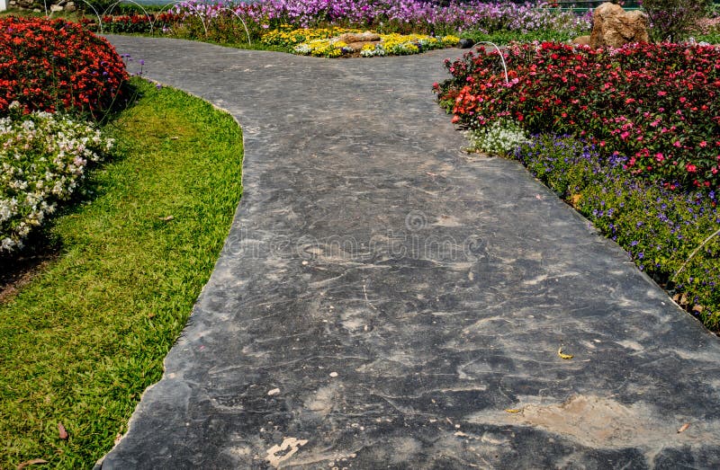 Concrete Pathway in garden stock photo. Image of leaf - 89618450